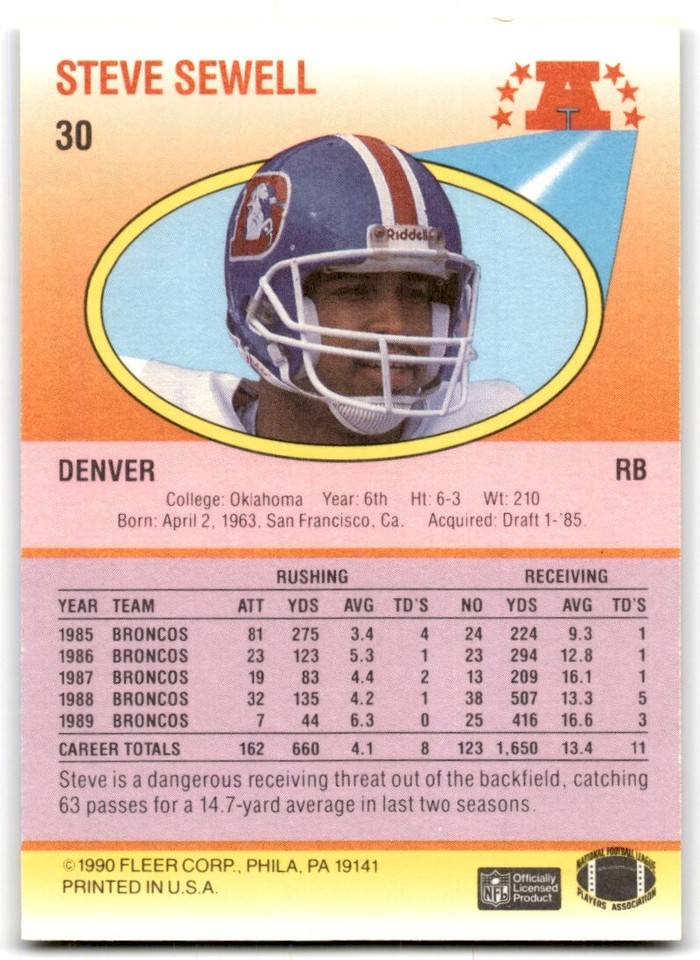 1990 Fleer Steve Sewell Denver Broncos #30 | eBay