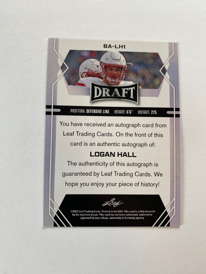 Logan Hall 2022 Leaf Draft Red Rookie Auto XRC Tampa Bay Buccaneers BA ...