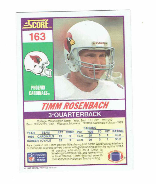Timm Rosenbach Phoenix Cardinals #3 QB #163 Score 1990 Football Card | eBay