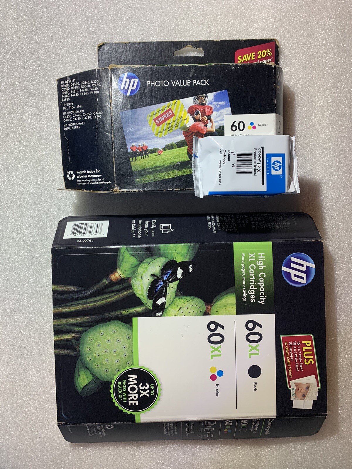 HP 60XL Genuine BLACK / COLOR Ink 2 Pack Combo & HP 60 Tri D8J61BN ...