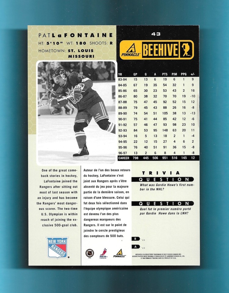 1998 BEEHIVE BOXTOPPER/OVERSIZE # 43 PAT LAFONTAINE NEW YORK RANGERS ...