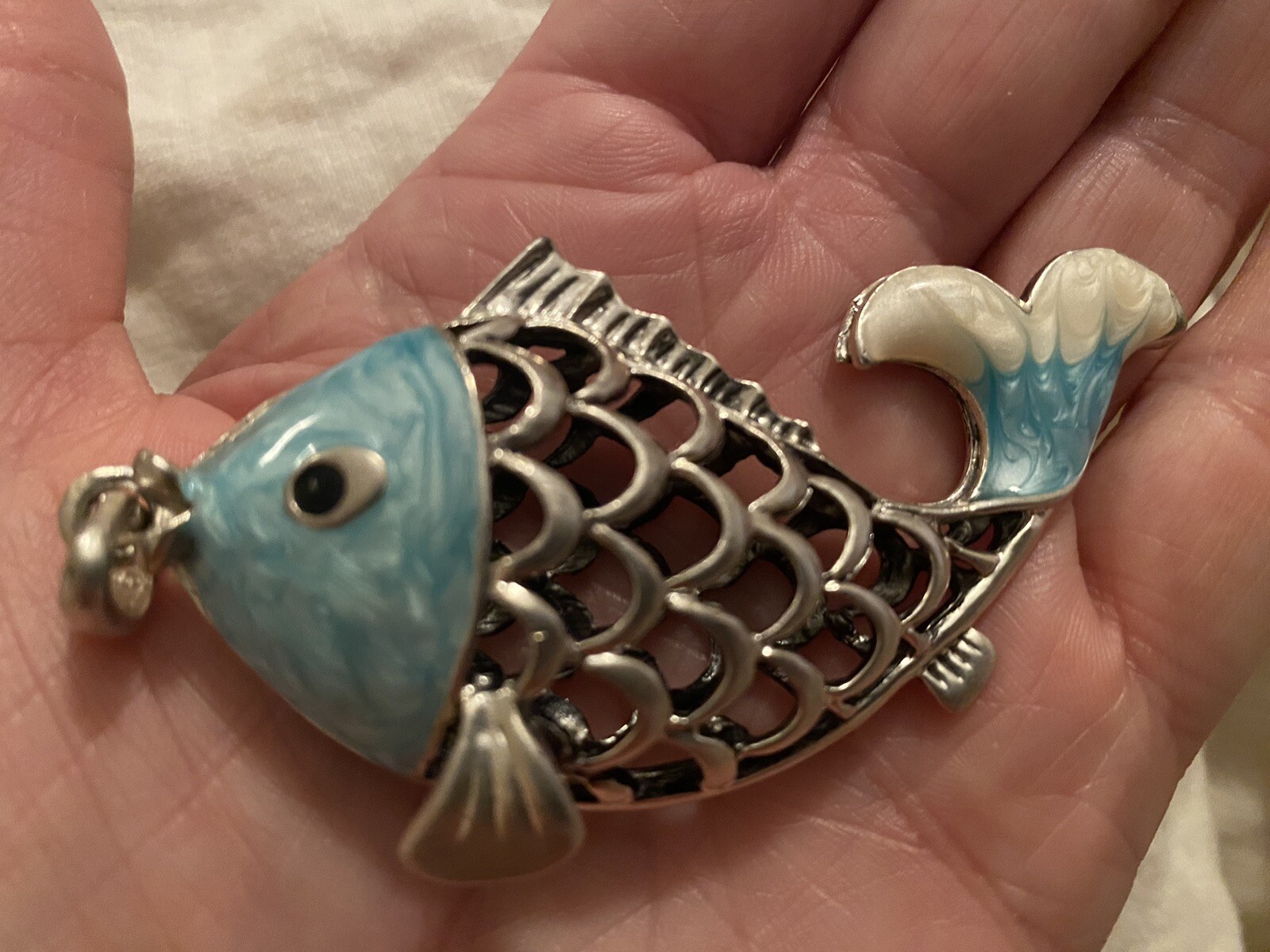 Large Vintage Sterling Silver Enamel Fish Pendant - Gem