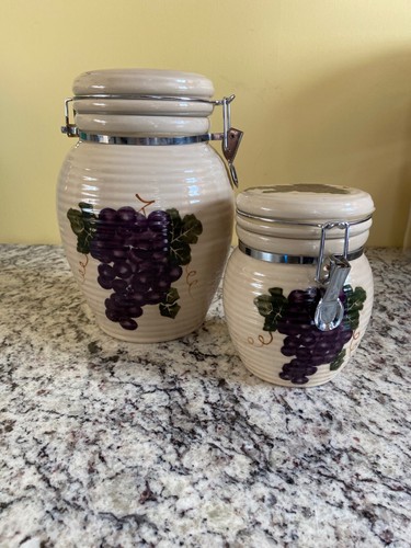BasicVintage Ceramic Kitchen Canisters Grape Design Metal Clamp Lids ...