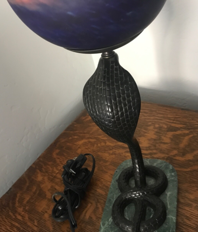 Vintage Art Deco Bronze Cobra Snake serpent Table Lamp Colored Globe ...