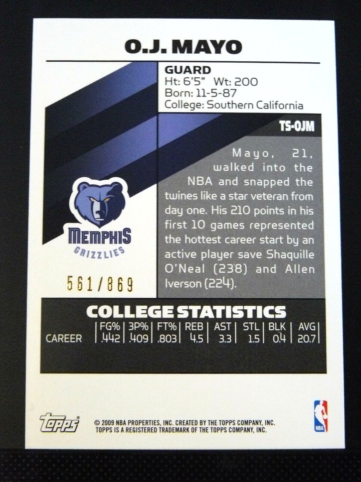 2008-09 Topps Signature Red Foil Facsmile /869 O. J. Mayo Rookie ...