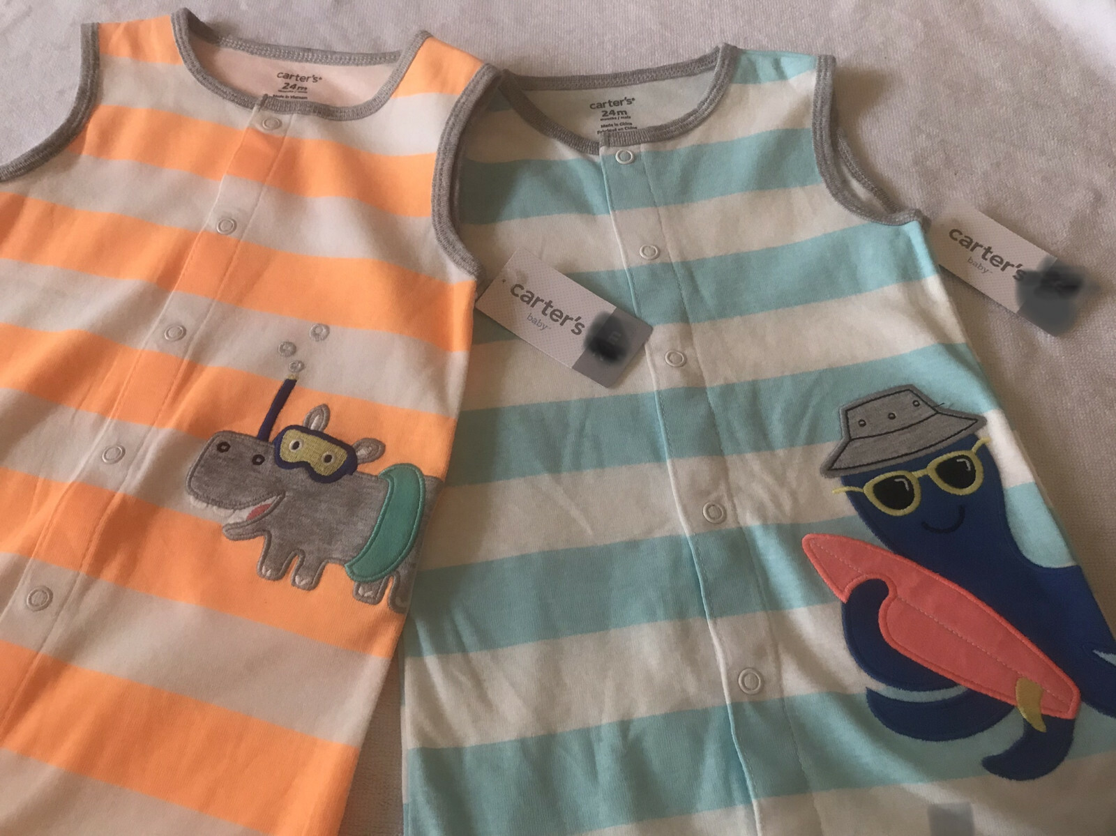 NWt carters 2 pc lot NB newborn preppy octopus hippo outfits rompers ...