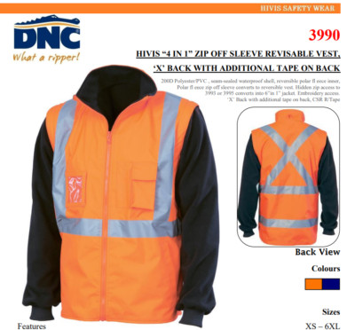 DNC Workwear Hi Vis 4 in 1 Fleece Zip Off Reversible Vest Jacket X Back ...