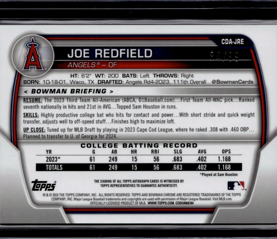 Joe Redfield 2023 Bowman Chrome Auto Rookie Green Serial #d 84/99 ...