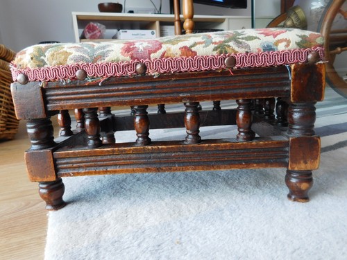 Small Vintage Oak Footstool with Tapestry Covered Top & Studded Fringe ...