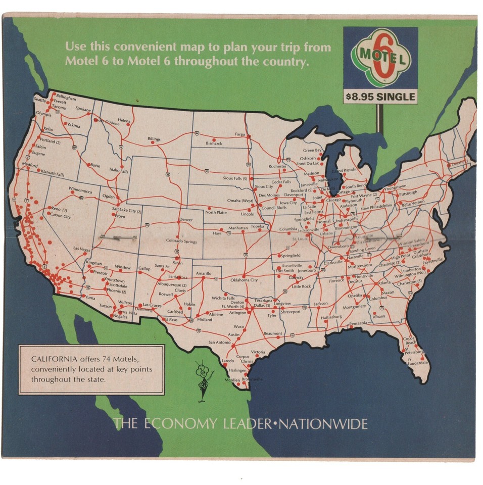 1977 Motel 6 Room Rate Directory Mod Colorful Rainbow Graphic Maps Info ...