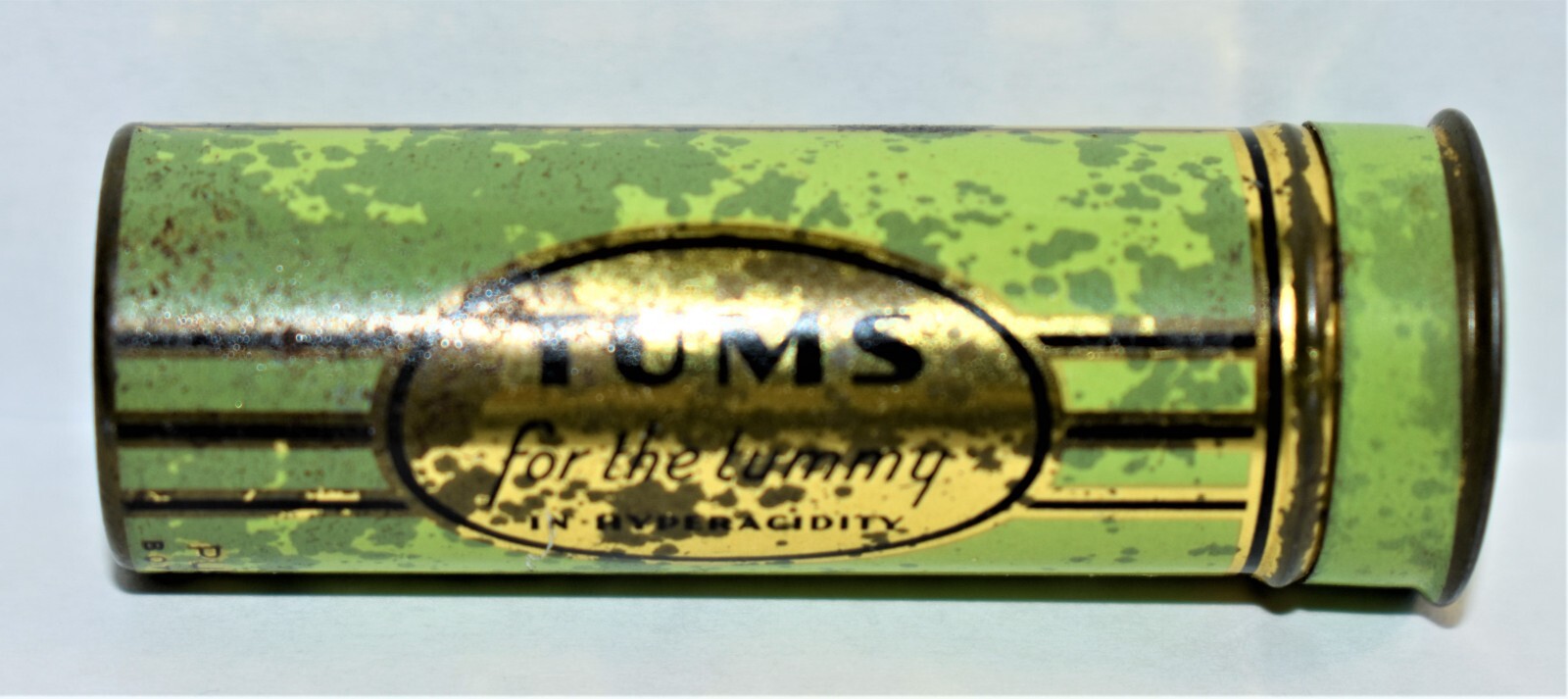Vintage Tums Tin Container with Green & Gold Graphics & Working Push ...