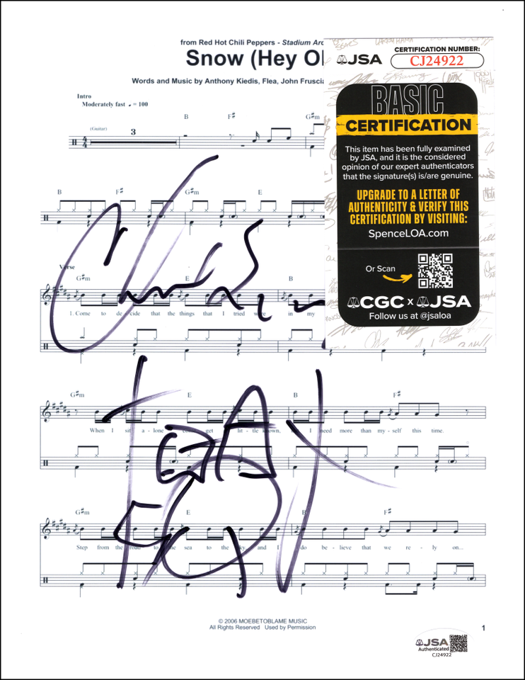 Chad Smith Signed Autograph Chili Peppers Snow Sheet Music w/ Drum ...