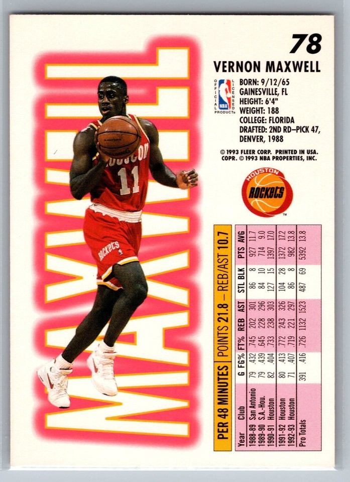 Vernon Maxwell 1993-94 Fleer BASKETBALL #78 Houston Rockets | eBay