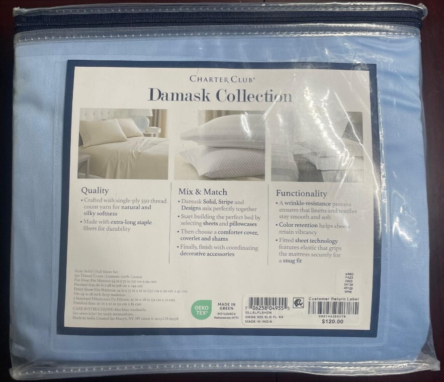 Charter Club Damask Embroidered Hem 550 Thread Count FULL Sheet Set ...