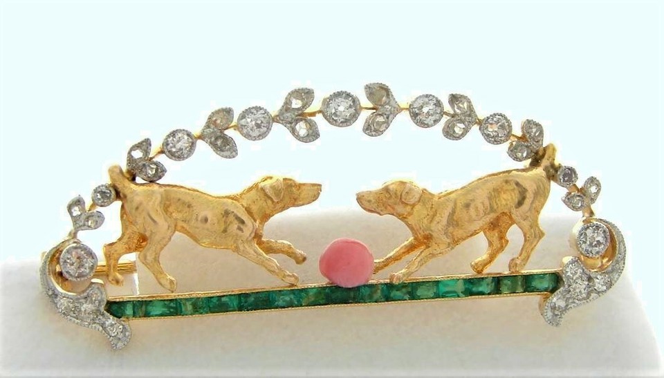 ANTIQUE DIAMOND EMERALD CONCH PEARL DOG BROOCH 1920's WEINMAN BROTHERS ...