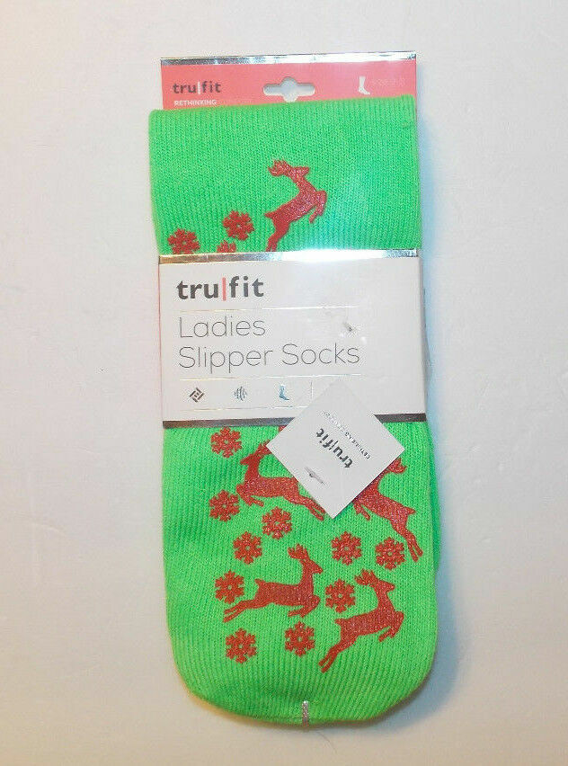 Tru Fit Ladies Slipper Sock Non Slip Grips Red Reindeer Green 9-11 NWT ...
