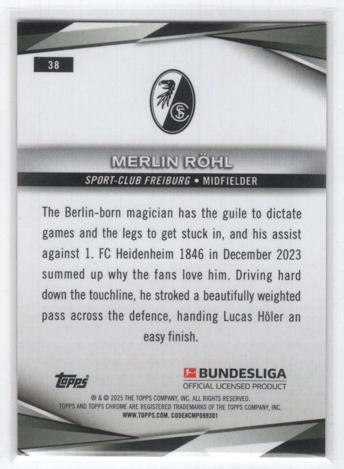 #38 2024 Topps Chrome Bundesliga PULSAR Merlin Rohl Sport-Club Freiburg ...