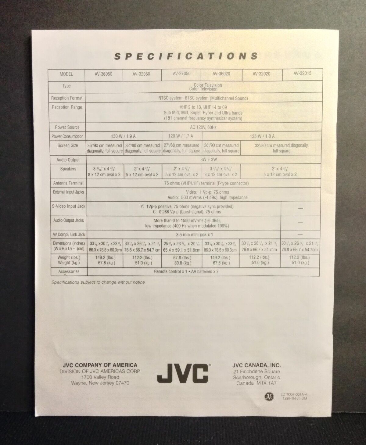 JVC Color Television User's Guide for Models AV36050 AV36020 AV32050 ...