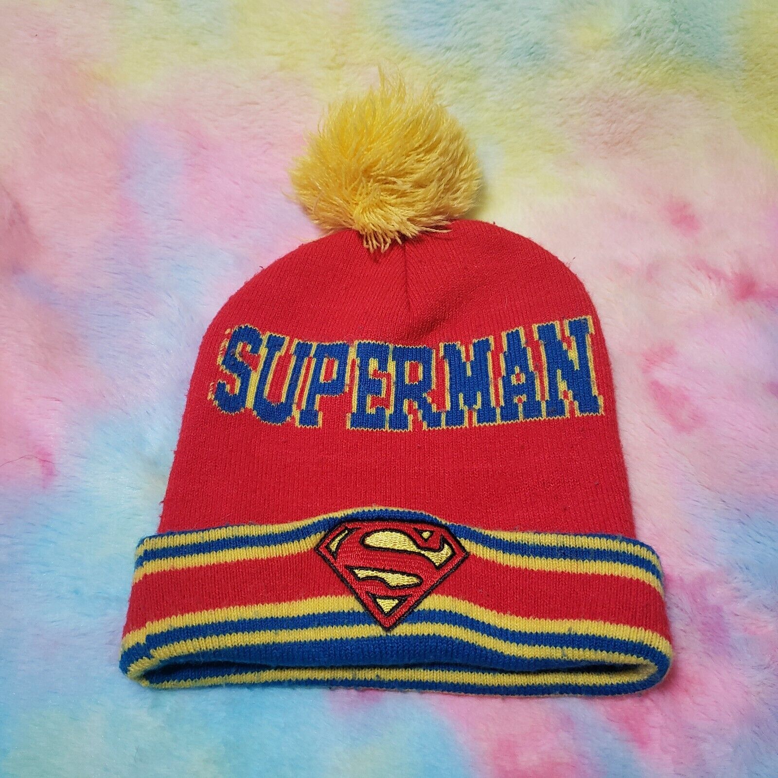 Superman Beanie Winter Hat Red Blue Yellow Boys Infant DC Comics Pom ...