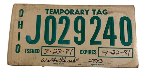 Vintage ohio temporary tag J029240 walter chevrolet 3-23-81 | eBay