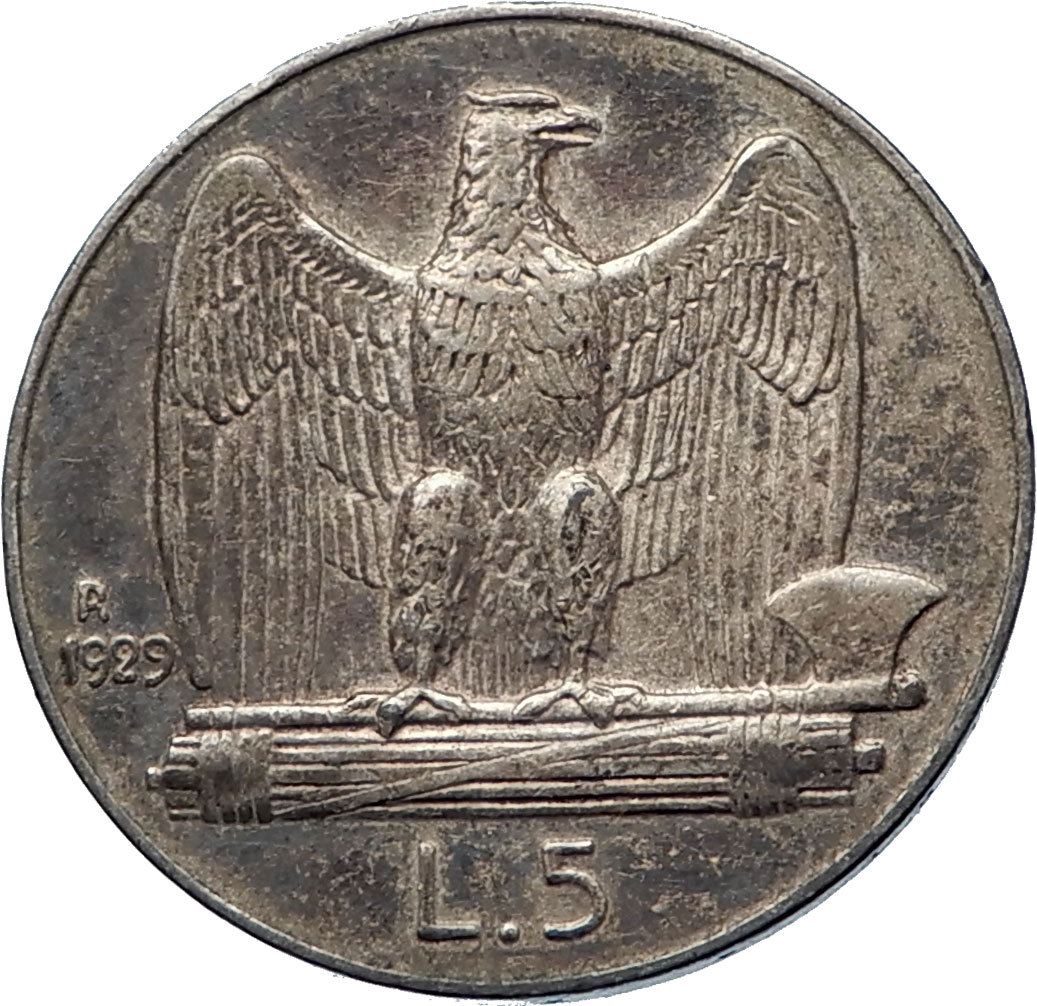 1929 ITALY King Victor Emmanuel III Silver 5 Lire Italian Coin w EAGLE ...