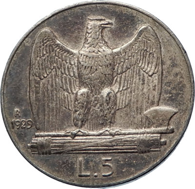 1929 ITALY King Victor Emmanuel III Silver 5 Lire Italian Coin w EAGLE ...