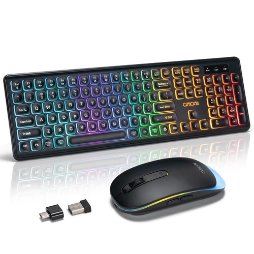 Wireless Keyboard and Mouse Combo, Rechargeable Rainbow LED Light Up ...