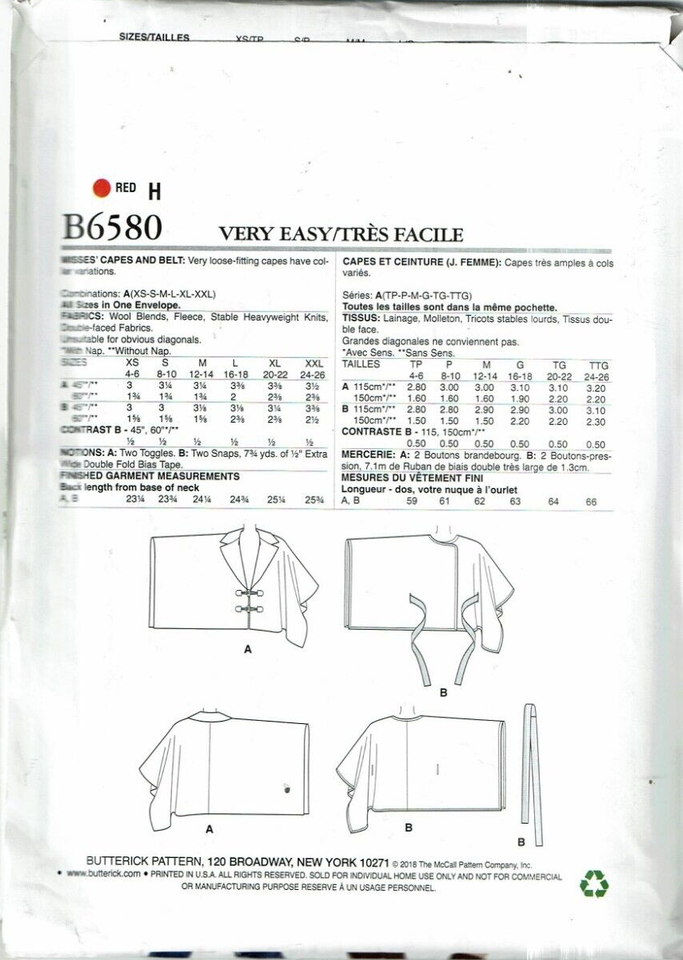 Butterick #B6580 Capes & Belt with Collar variation Pattern Sz: Xsm-Xxl ...