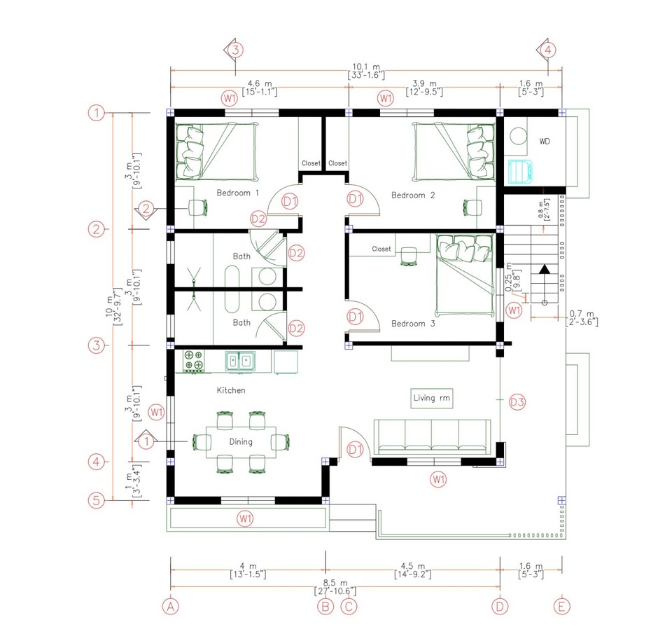 33x33 Feet Small House Plan 10x10 Meter 3 Bed 2 Bath Terrace PDF & A4 ...