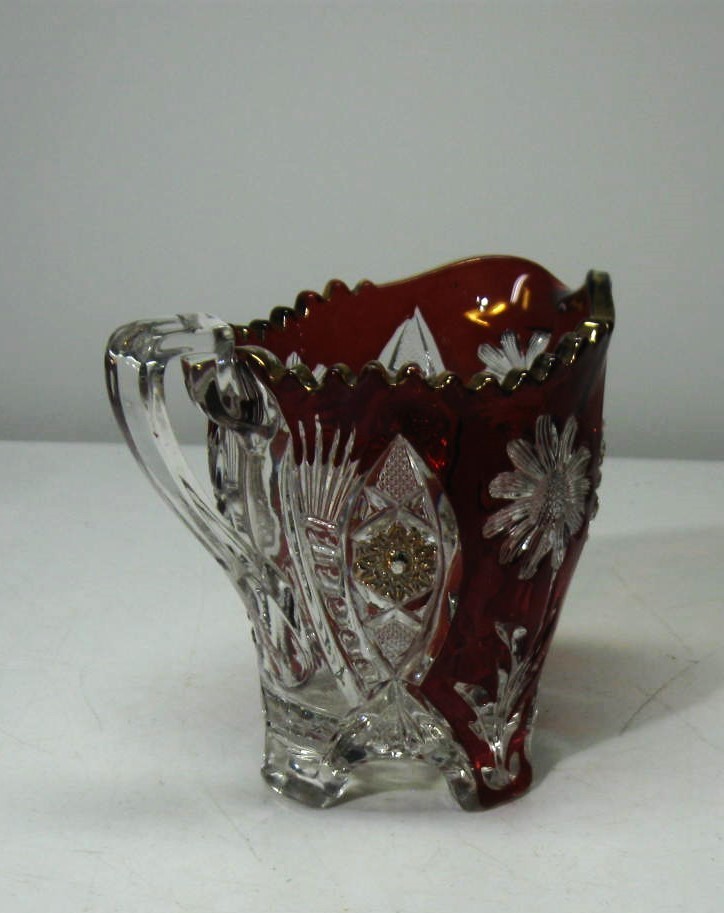 EAPG ** RUBY AND CLEAR CREAM = PITCHER 1890'S = RED SUNFLOWER/NEAR CUT ...