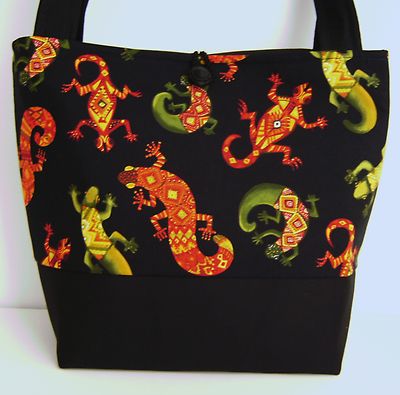 GECKO SOUTHWEST PRINT BLACK DENIM HANDMADE HANDBAG PURSE TOTE ...