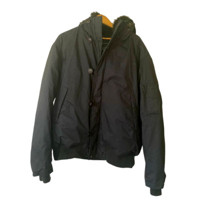 French Connection Navy Blue Hooded 100% Cotton Down Feather Coat, Size ...