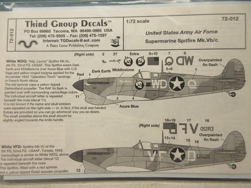 THIRD GROUP DECALS 1/72 USAAF SPITFIRES Mk.Vb/c #72-012 | eBay