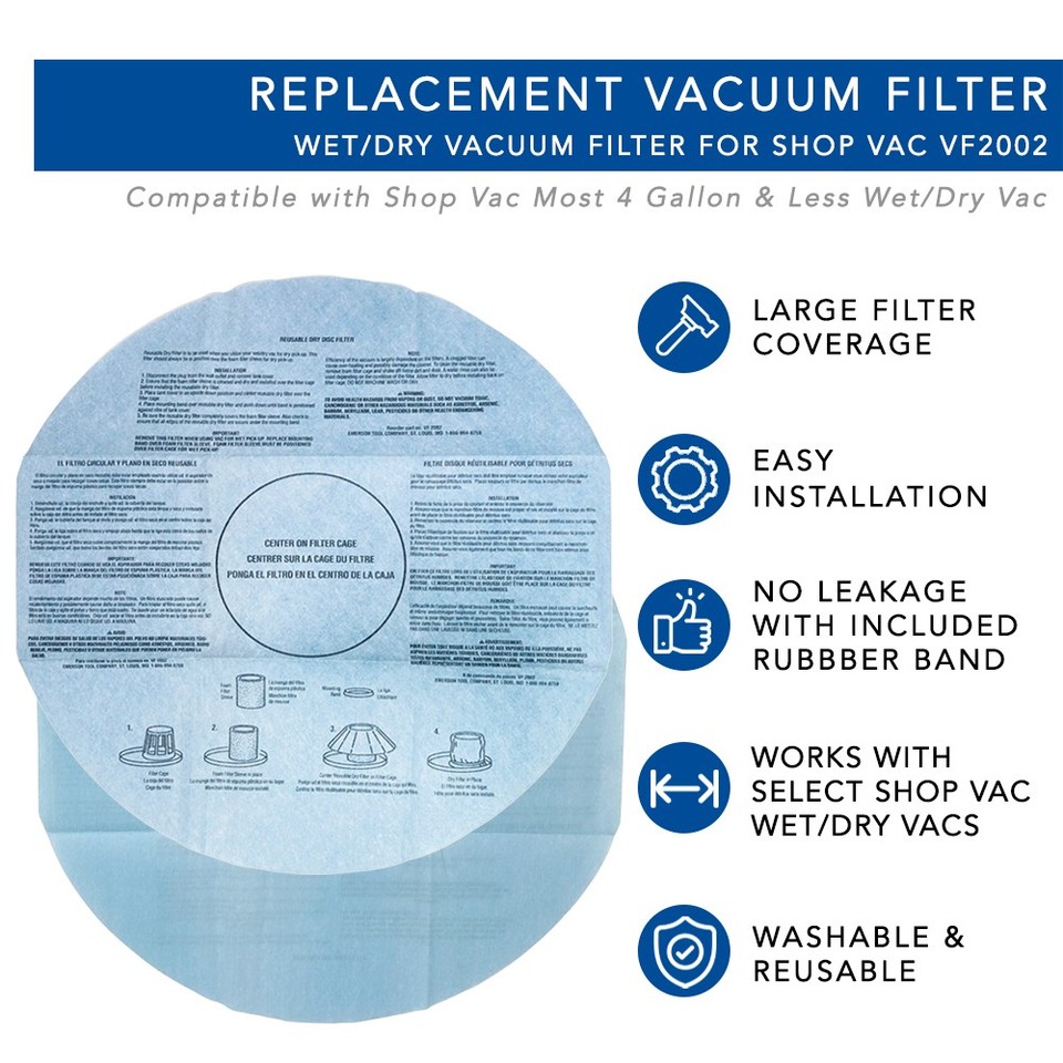 Reusable Wet Dry Vac Filter Compatible with Shop Vac VF2002, 8 filters ...