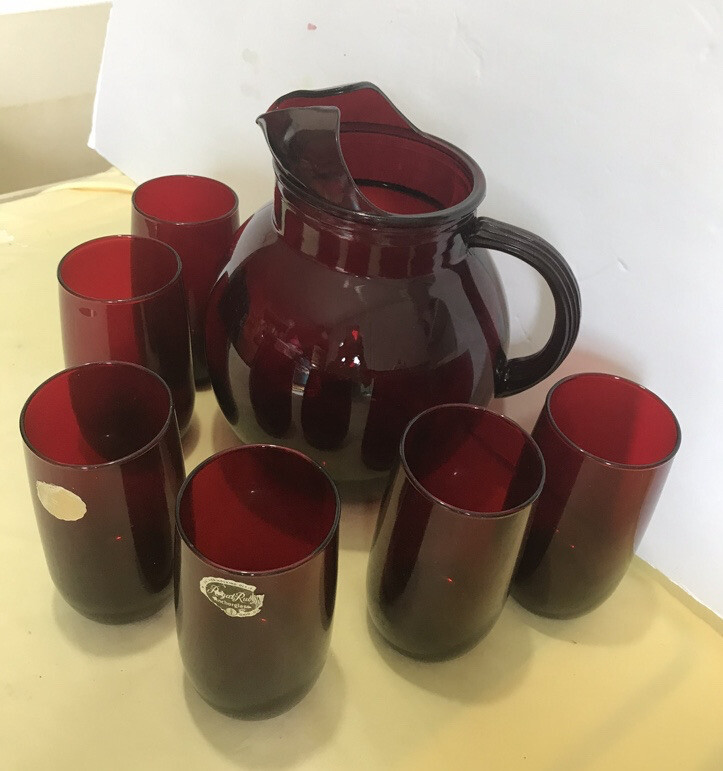 Vintage Royal Ruby Red Glass Ball Pitcher Anchor Hocking Set With 6 ...