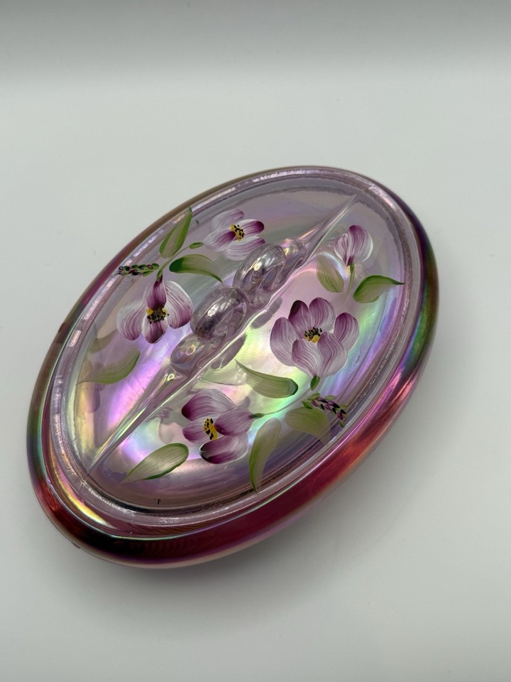Vintage Fenton Pink Opalescent Floral Trinket Box w/Lid Hand Painted ...