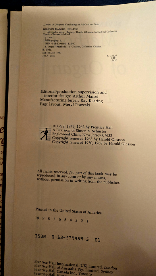 Harold Gleason Method Organ Playing 7th Edition 1988 Catharine Crozier ...