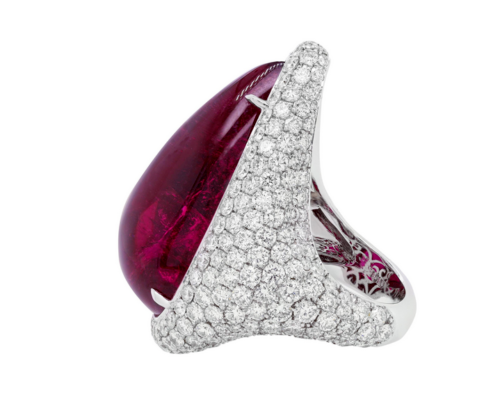 Excellent Pear Shape Pink Lab Created Ruby with Halo Style Women's ...