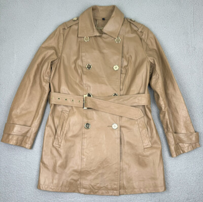 IMAN Leather Jacket Womens Medium Brown Belt Long Button Up Collared ...