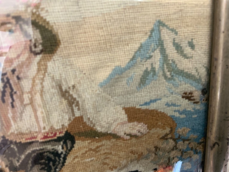 European Framed W/Glass Embroidery Charming Antique The Shepherd Boy ...