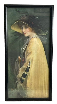 Antique Mini Yard Long Lithograph 11x22 Ross Bryson Lady Wearing Yellow ...