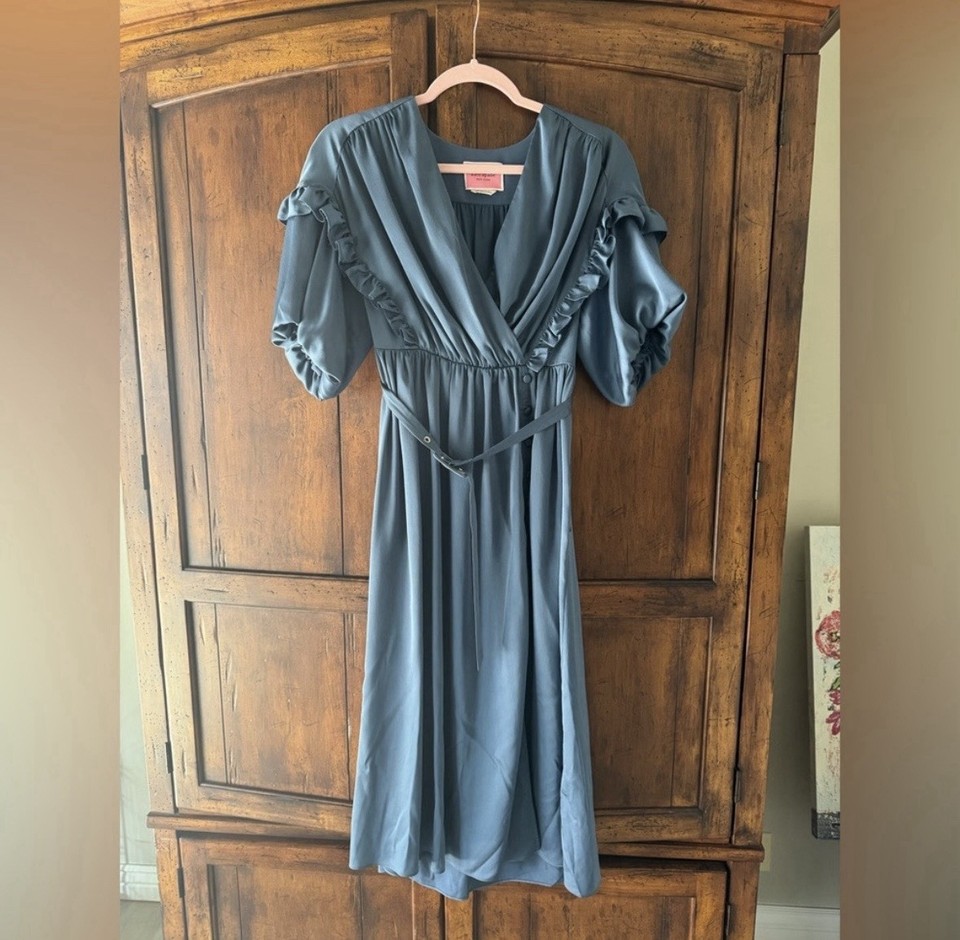 Kate Spade Blue Satin Belted Midi Dress Suki Waterhouse Size XXS | eBay