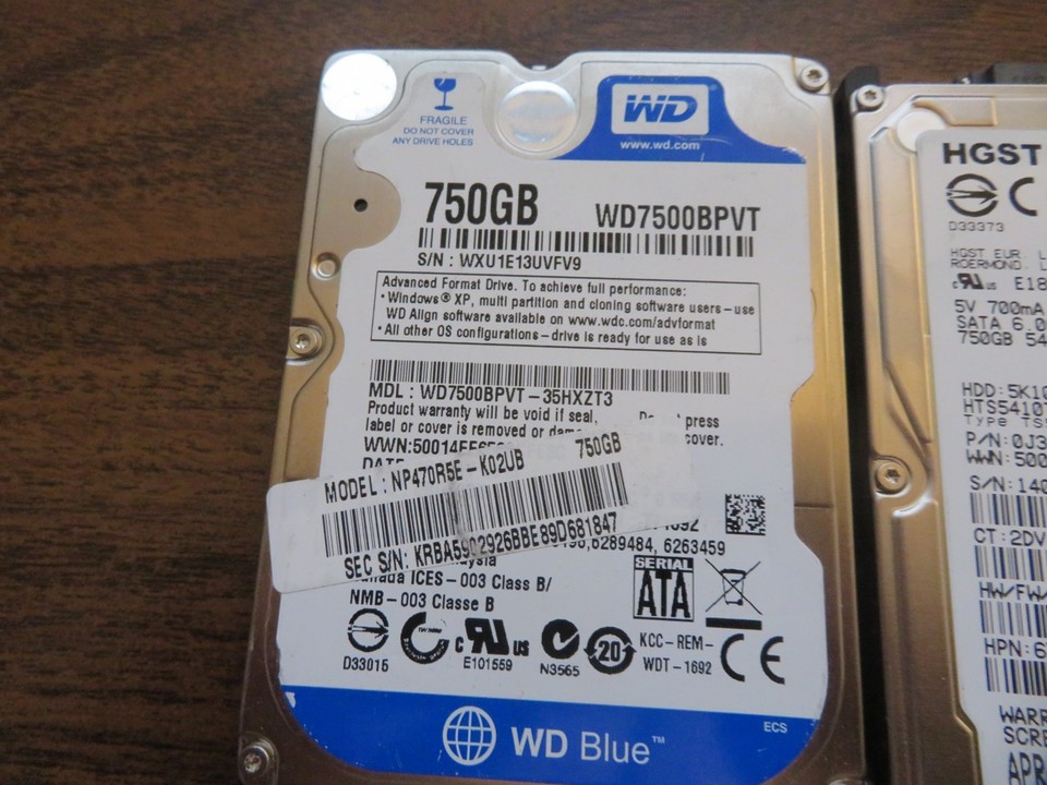Lot 4x 750GB SATA Laptop HDDs 2.5 Western Digital Seagate Hitachi ...