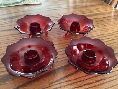 Vintage Fenton Ruby Glass Lotus Flower 3 Footed Set of 4 Taper Candle ...