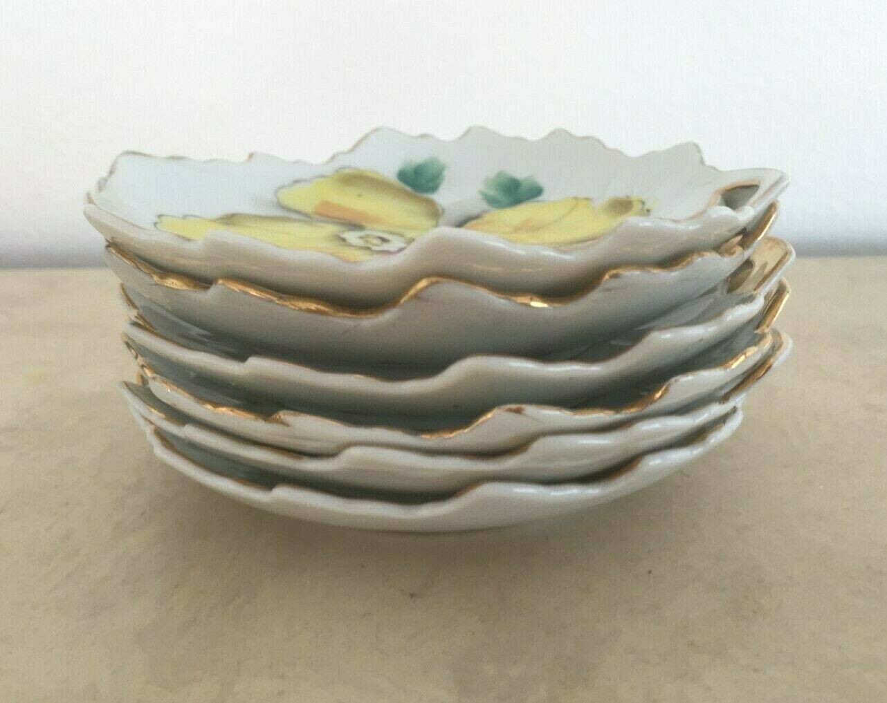 Japanese Trinket Dish Set of 6 Leaf Shape Hand Painted Floral Gilded ...