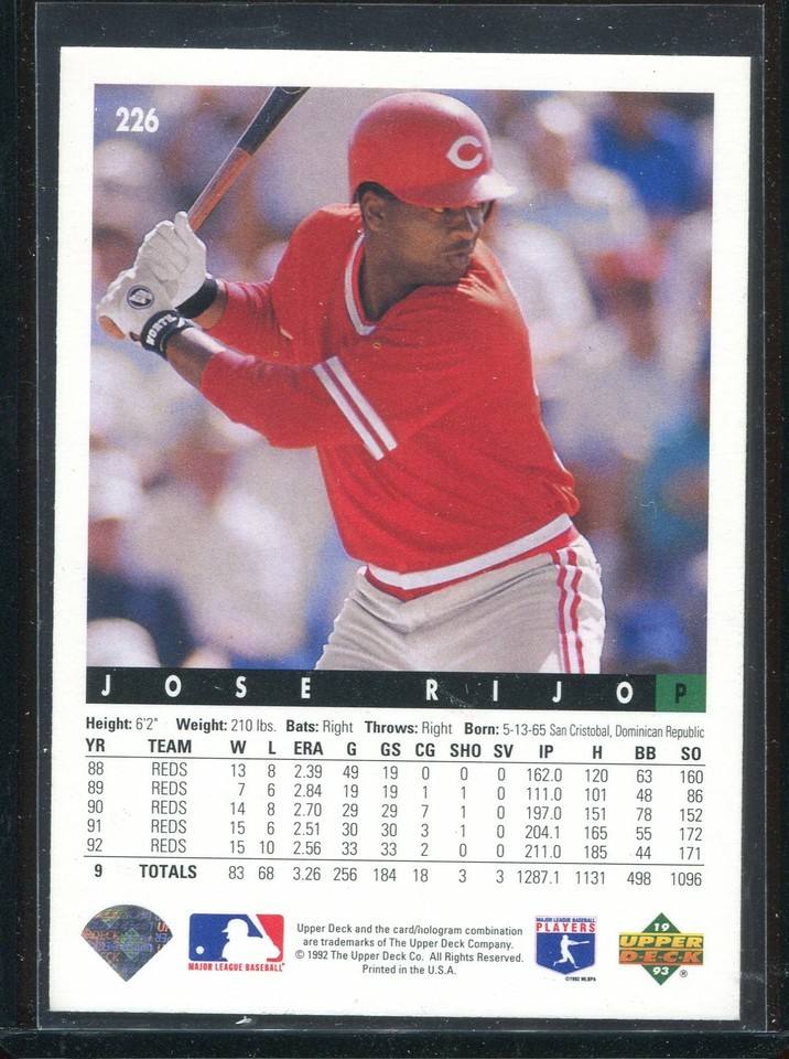 1992 Upper Deck Baseball Jose Rijo #226 Cincinnati Reds Pitcher | eBay