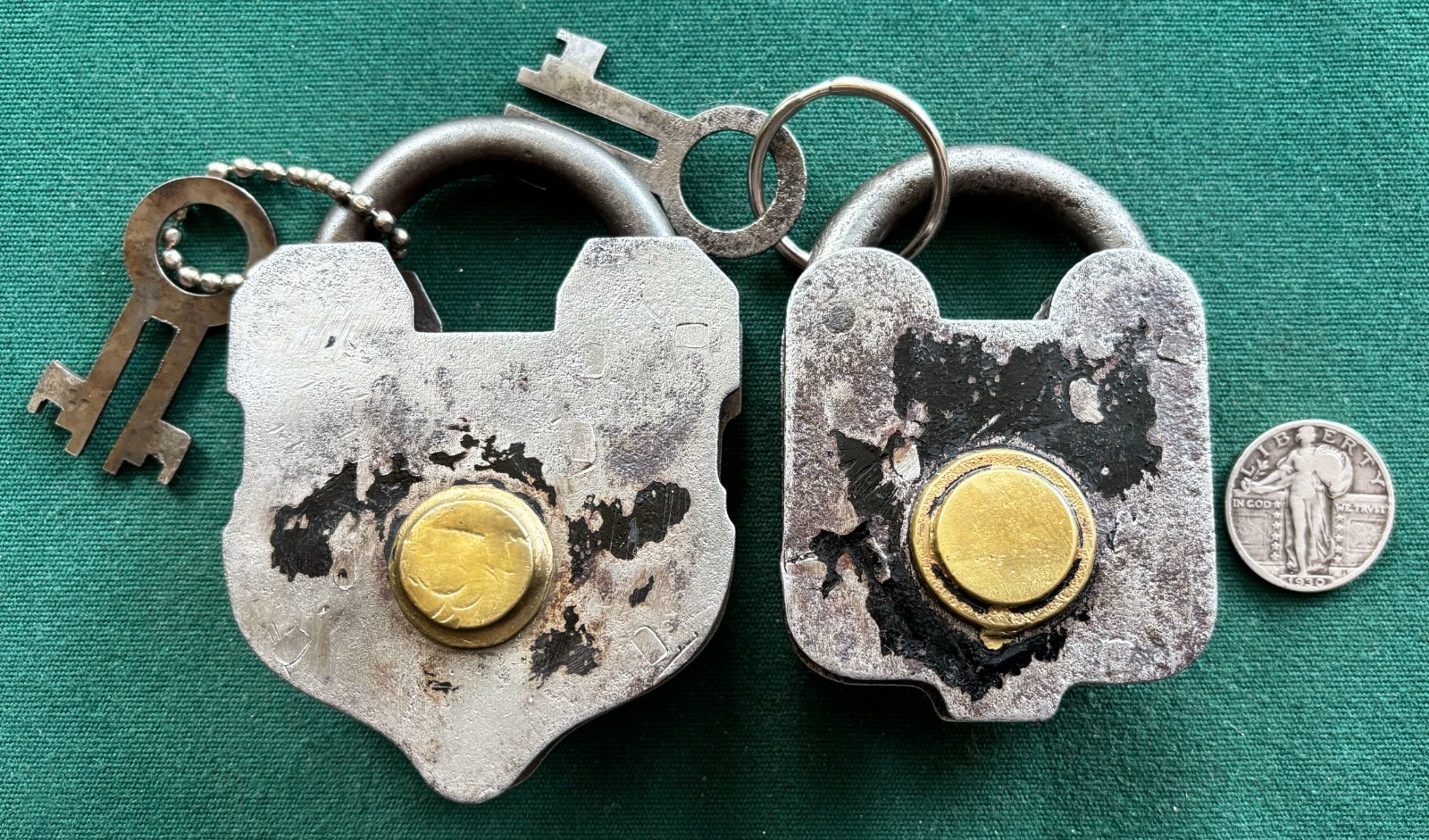 2 Antique DOUBLE BITTED SMOKEHOUSE Padlocks + Operable Keys – Late ...