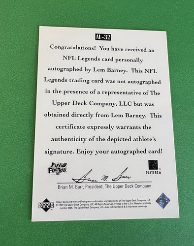 1997 UD LEGENDS FOOTBALL AUTOGRAPH - LEM BARNEY - DETROIT LIONS LEGEND ...