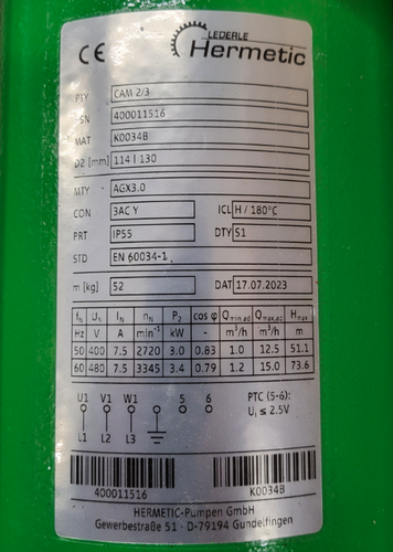 LEDERLE HERMETIC AMMONIA NH3 PUMP CAM2/3 K0016B AGX3.0 480V / 60Hz ...