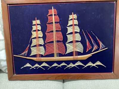 Vintage String Art Ship on Velvet Tall Ship Sail boat Nautical teak ...